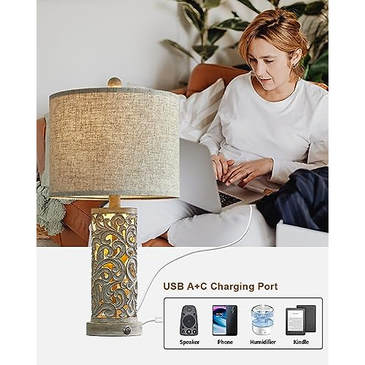OYEARS 3-Way Dimmable 22'' USB A+C Touch Control Table Lamp Set of 2 with Nightlight for Living Room Bedroom Farmhouse Bedside Nightstand Lamps (2 Bulbs and 2 Built-in LED Beads Included)