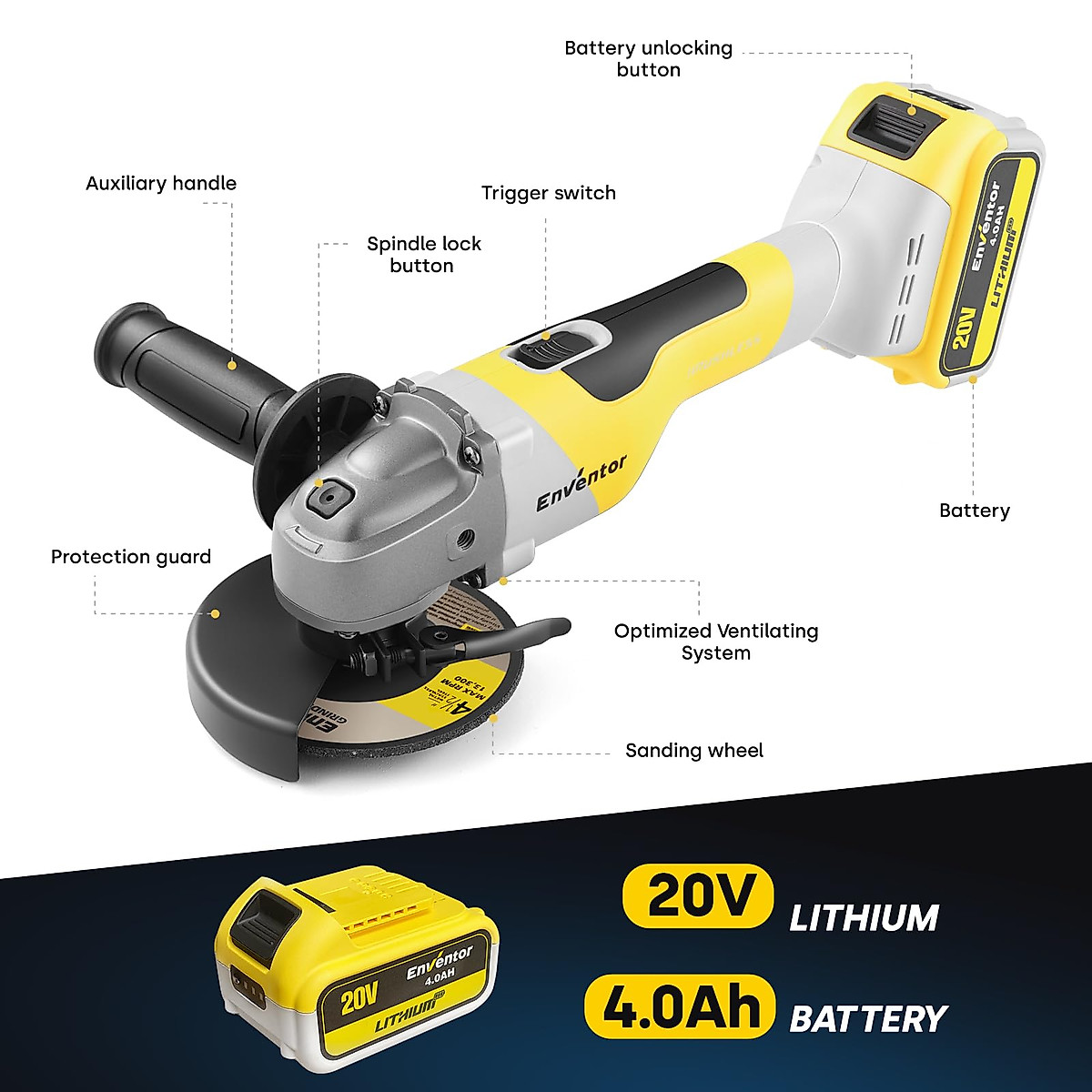 Enventor 4-1/2" Cordless Angle Grinder with 4.0A Battery, 20V Brushless Grinders Tools Kit with Fast Charger, Grinding Wheels, Cutting Wheels, Flap Discs for Cutting, Grinding, Polishing, 10,000RPM