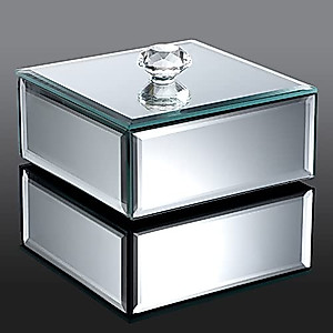 Hipiwe Silver Glass Mirrored Jewelry Box with Crystal Handle Square Trinket Organizer Treasure Chest Case Classic Keepsake Box for Storage Rings Earrings Necklace Bracele (Small, Silver)