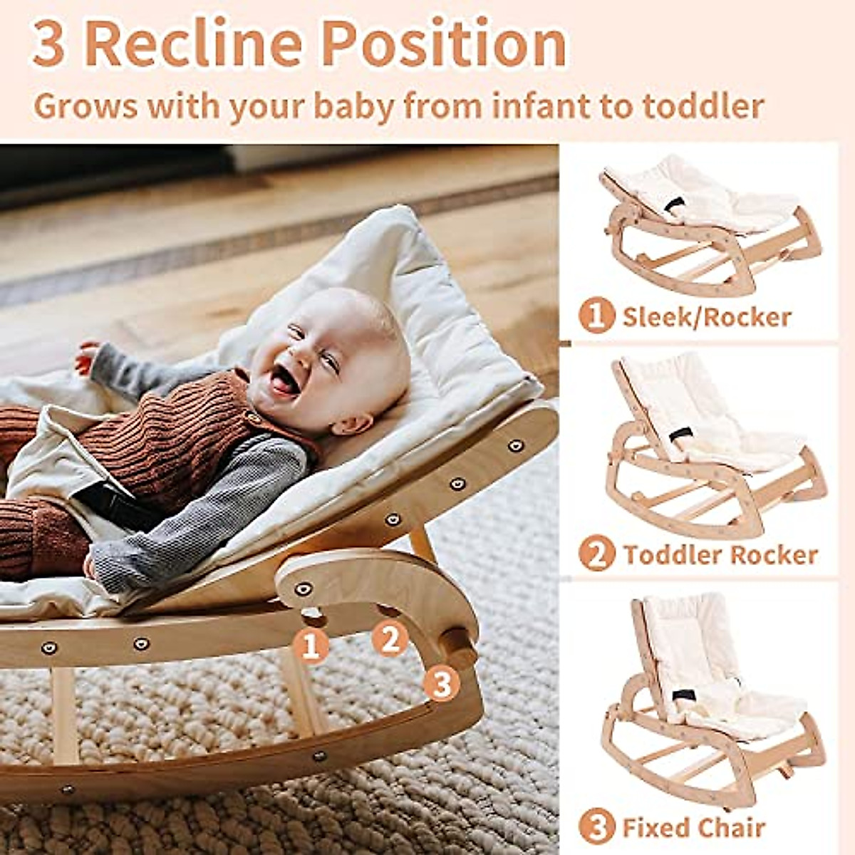 Little Dove Baby Bouncer 3-in-1 Convertible Wooden Recliner and Rocker Chair for Toddler - with Removable Cushion, Seat Belt and Booster