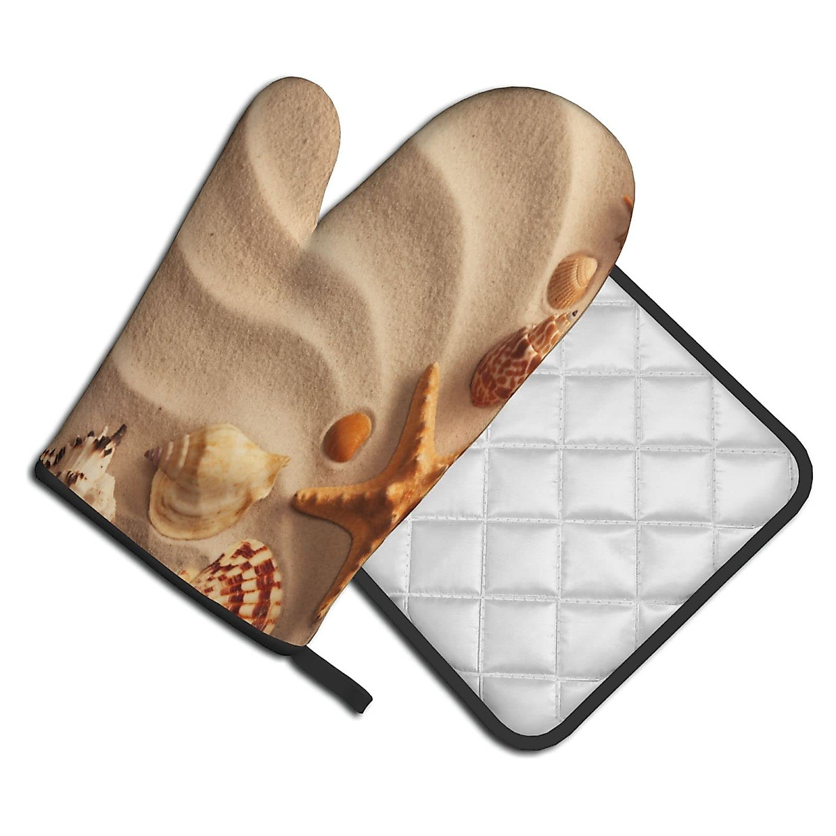 Oven Mitts Pot Holders Set of 2 Heat Resistant Kitchen Summer Beach Sand Starfish Seashell Oven Mitts Waterproof Women Men Home Cooking Baking Microwave BBQ Gift