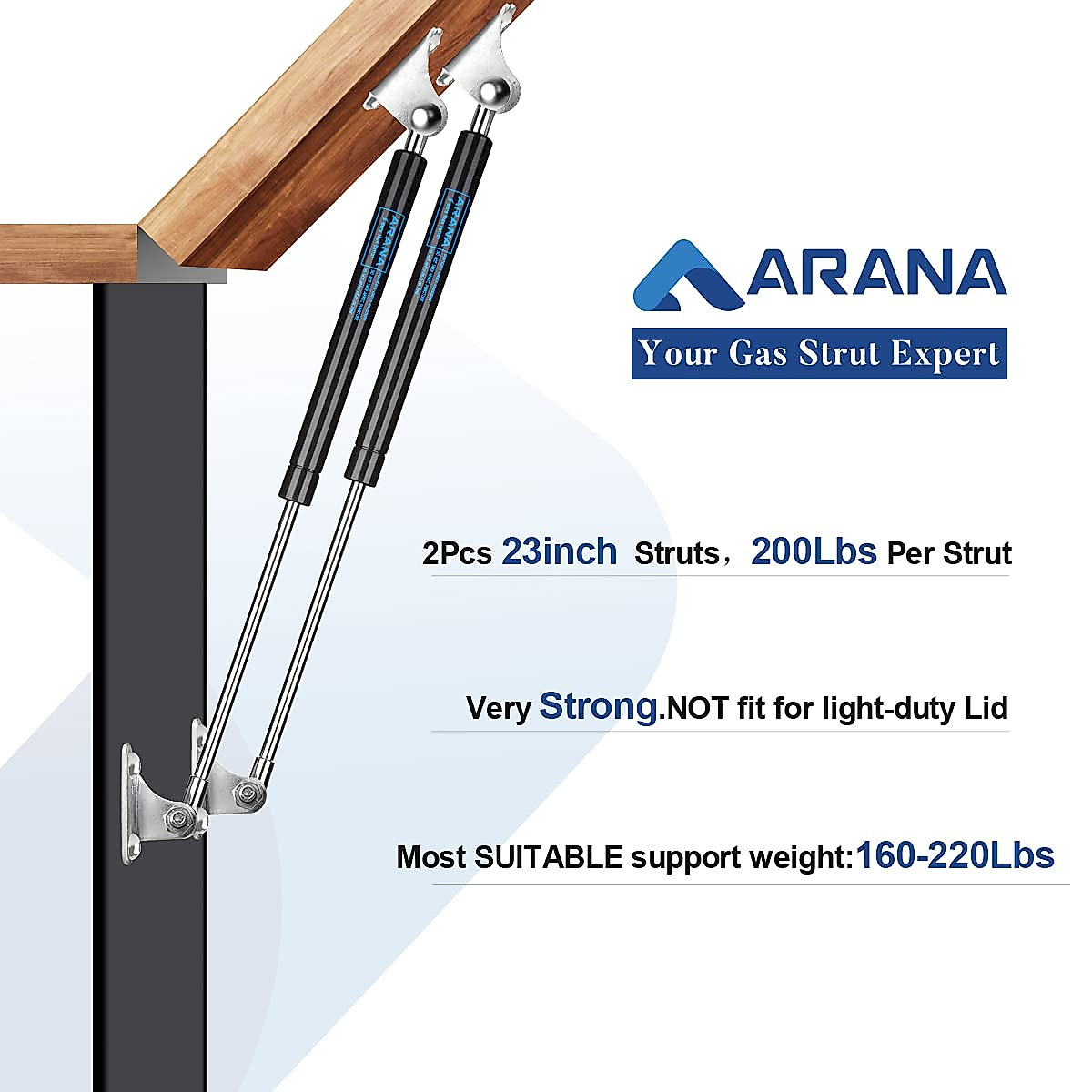ARANA Gas Struts for Heavy Lid, 23 inch Hrdraulic Door Lift 200 lbs, 23" Heavy Duty Gas Shocks 200 Pounds Gas Spring Support Hinges Fit Muphy Bed RV Bed Trap Cellar Door(Fit 160-220lbs Lid), 2 Pcs