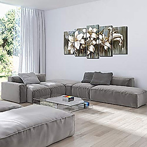 Kreative Arts 5 Panel Flowers Canvas Wall Art Modern Wrapped Floral Artwork Giclee Canvas Prints White and Grey Tulip Paintings on Canvas Ready to Hang for Living Room (Large Size 60x32inch)