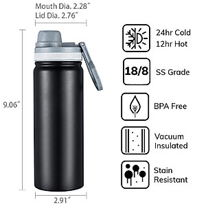 Hytodre Insulated Water Bottle,Stainless Steel Vacuum Insulated Water Bottle, Double-Wall Thermos Water Bottle with Leak Proof Spout and Handle Lid,Black,18oz