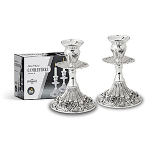 Silver Plated Candlesticks - 2 Pack Set - Pair of 5 Inch Ornate Candle Holders with Round Base and Floral Design