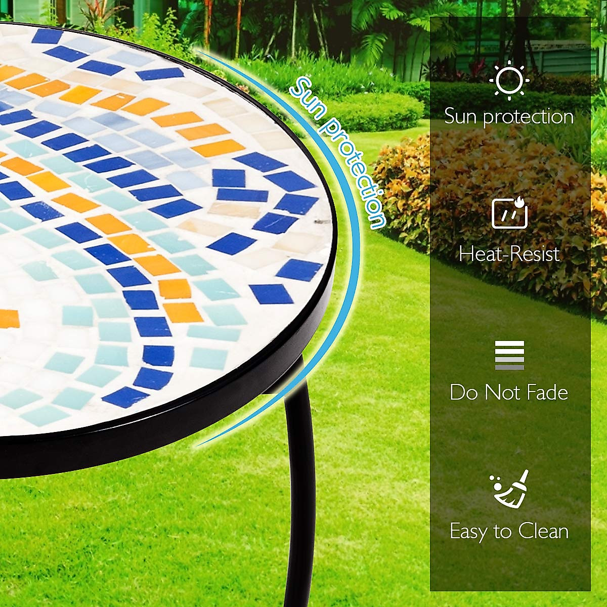RELAX4LIFE Side Table Outdoor Mosaic Round 14 Inch W/Glass Table Top and Steel Fram for Patio, Lawn, Garden, Balcony and Home, Small End Table (Navy)