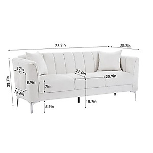 HOSTACK Modern Chenille Sofa, 77" Upholstered Couch with 2 Bolster Pillows and Armrest Bags, 3-Seat Sofa for Living Room, Bedroom, Office, Apartment, Dorm, Off White