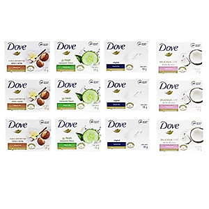 Dove, Beauty Bar Soap Variety Pack of 12, Go Fresh, Shea Butter, Coconut Milk, White - 135g