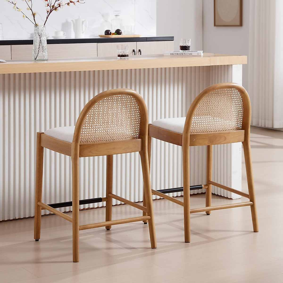 HEAH-YO Modern Counter Stools Set of 2, 26 Inches Counter Height Bar Stools with Rattan Backrests and Wood Frame, Comfy Kitchen Stools for Island, Beige