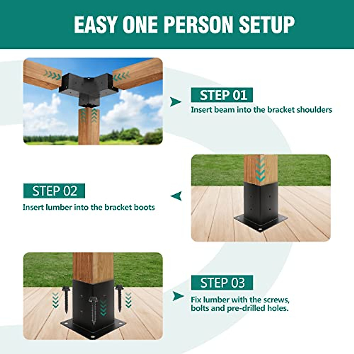 Kinchoix Pergola Brackets, 4 Pack Woodworks Pergola Kit 3-Way Right Angle Corner Bracket with Pergola Post Base for 4x4'' (Actual: 3.5x3.5'') Wood Beams Elevated Wood Stand Kit Pergola/Gazebo Kit