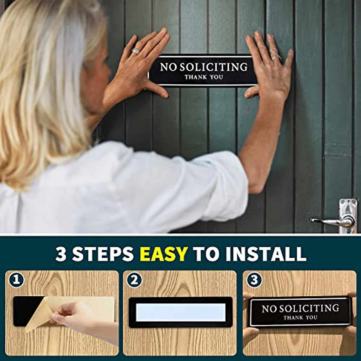 No Soliciting Sign for House (with Strong Adhesive Tape), 8.2" x 2.4" Premium Durable No Soliciting Signs for Home, No Solicitation Signs for Front Door/Wall/Window, Clear and Easy to Read