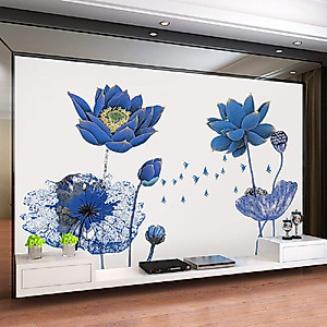 Creative Gaint Cartoon Blue Lotus Wall Stickers Removable DIY Flowers Nursery Decor Wall Decals 3D Floral Peel and Stick Art for Home Walls Girls Bedroom Living Room Classroom Bathroom