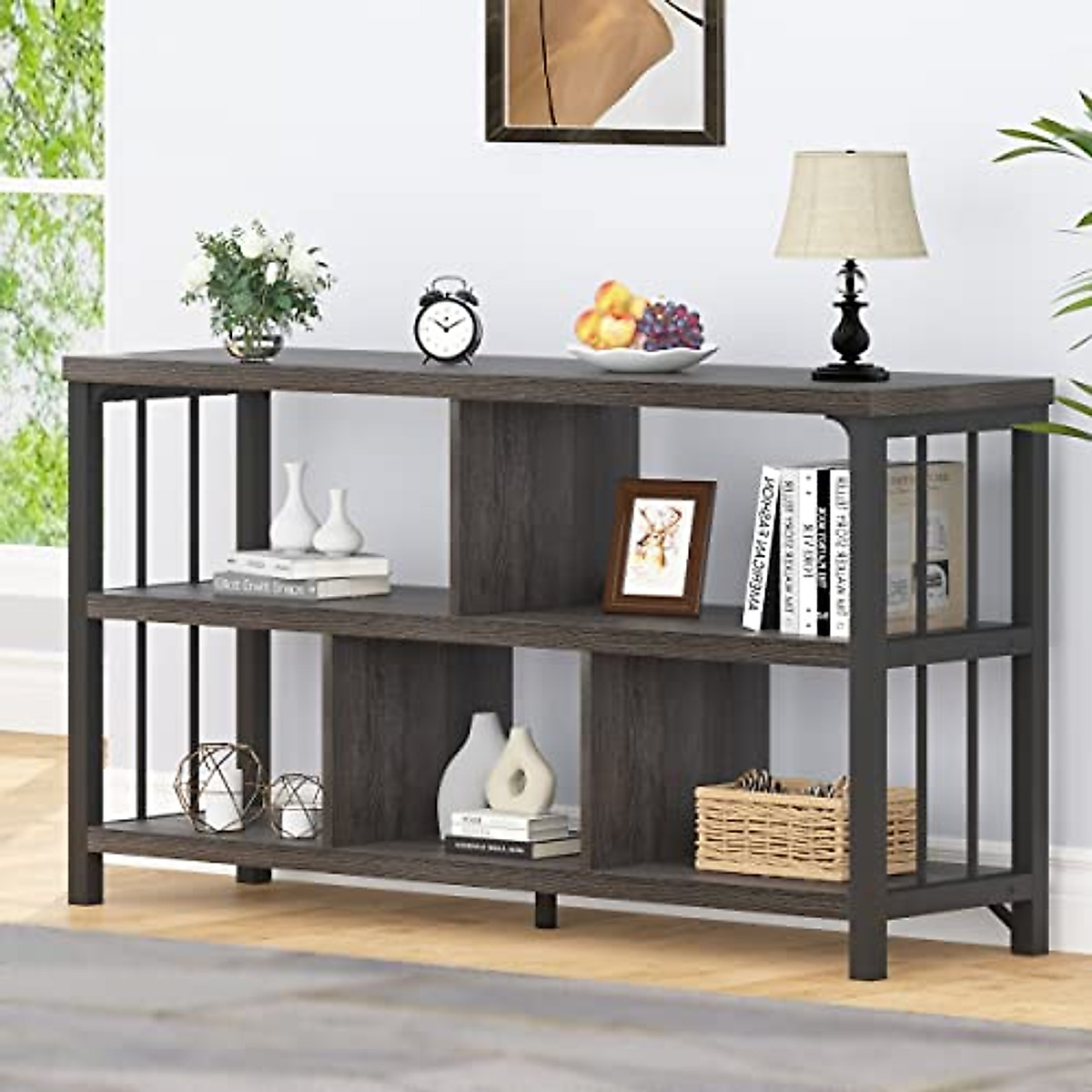 IBF Industrial 5 Cube Storage Organizer Bookshelf, Rustic Low Horizontal Book Shelf, Metal and Wood Cube Bookcase for Bedroom, Modern Wide Cubby Shelf for Living Room Home Office, Dark Grey Oak, 47 In