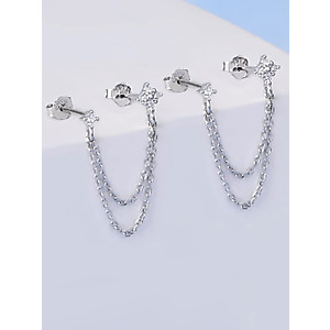 Lansora Double Piercing Earrings Silver Gold Cz Cubic Zirconia Stone Chain Link Dangle Stud Earrings