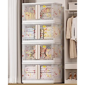 HAIXIN 400QT Stackable Storage Bins With Lids, Plastic Clear Storage Bins Collapsible Storage Drawers, 4 Pack Closet Organizers and Storage Containers with Doors and Wheels For Home, Office, Dorm