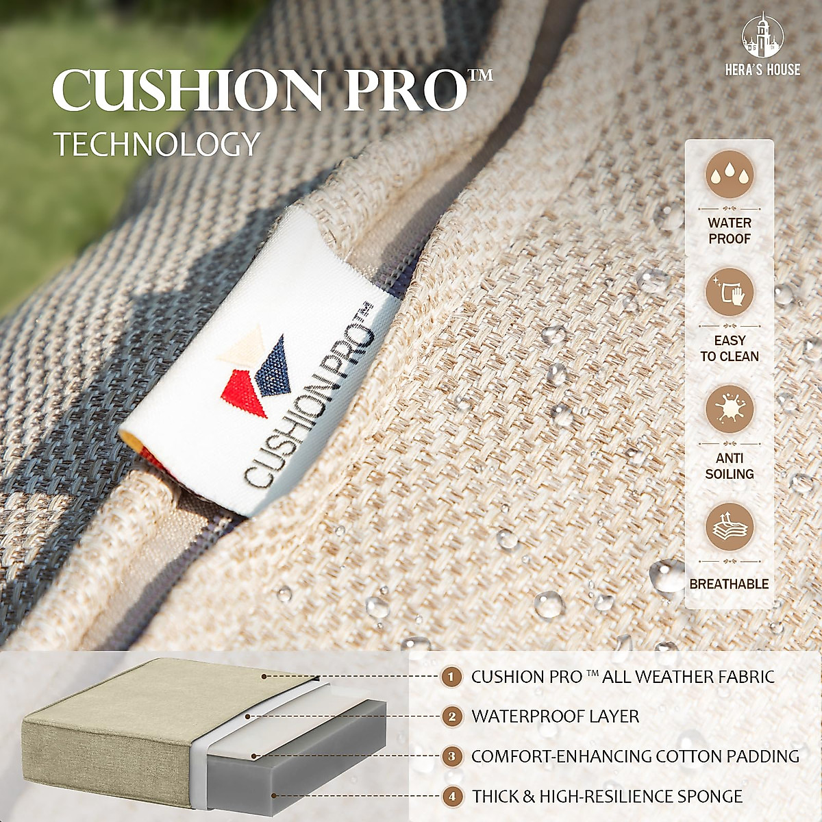 HERA'S HOUSE 4 Piece Patio Furniture Set, 2 x Metal Frame Cushioned Chair, 3-Seat Sofa with Marbling Coffee Table, All Weahter Outdoor Conversation Set for Lawn Garden Backyard