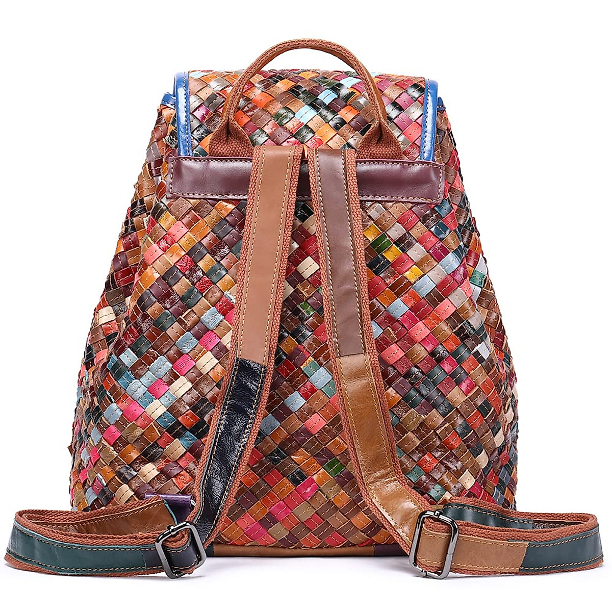 MASIWEI Genuine Leather Patchwork Backpack Purse for Women Multicolor Cute Large Capacity Bookbag with Drawstring Design