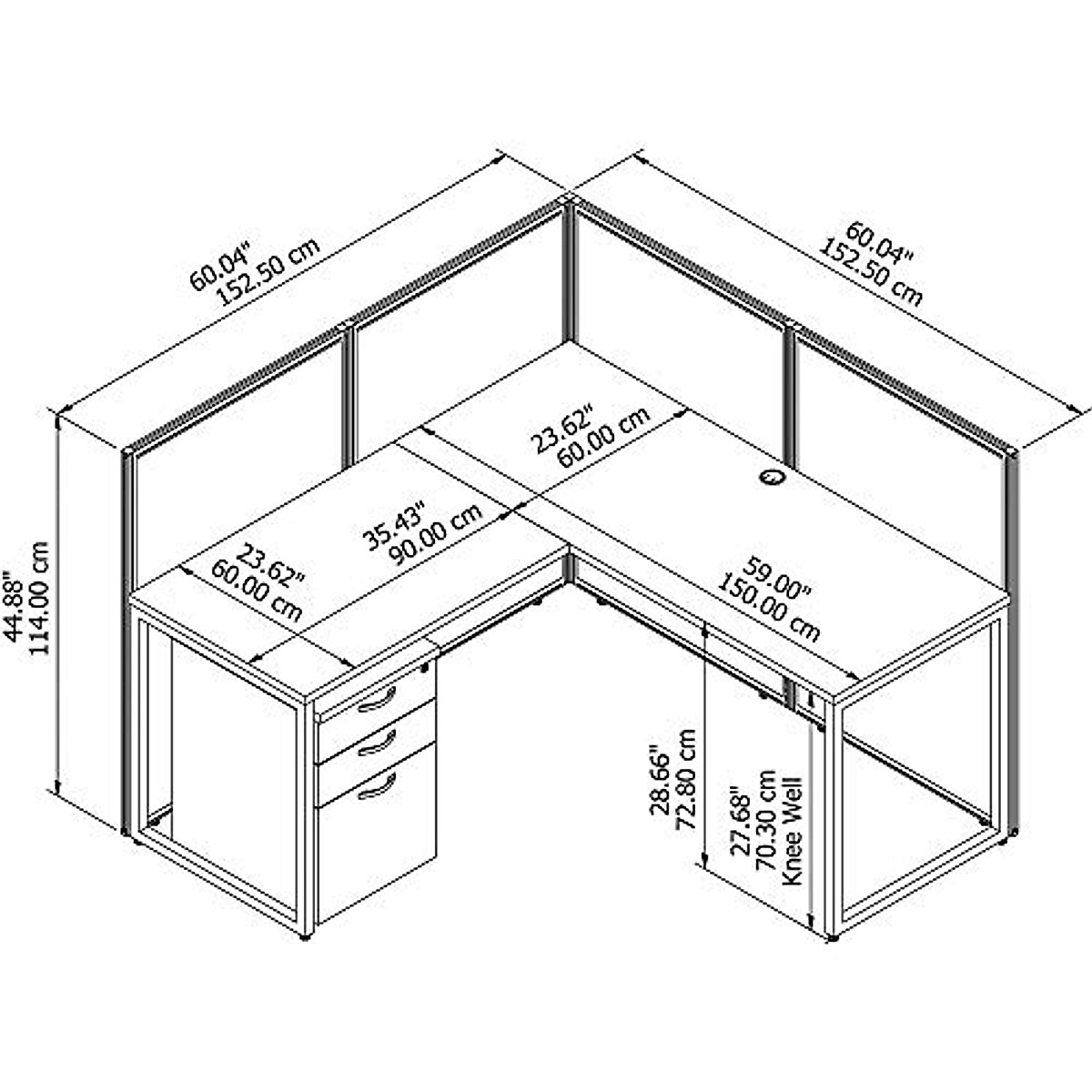 Bush Business Furniture Easy Office L Shaped Cubicle Desk with File Cabinet, 60W x 45H, Pure White