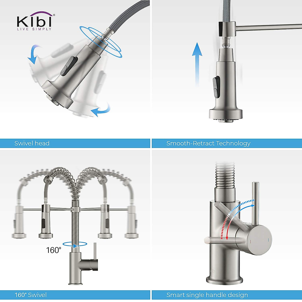 KIBI Aurora Single Handle Spring Pull Down Faucet for Kitchen Sink | Solid Brass High Arc Faucet Spout | Kitchen Faucet with Pull Down Sprayer (Brushed Nickel) (KKF2003) (Soap Dispenser included)
