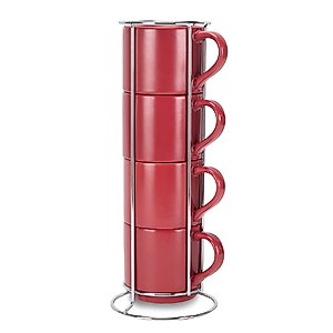 Nat & Jules Stacking Red 14 ounce Ceramic Stoneware Mugs With Stand Set of 4