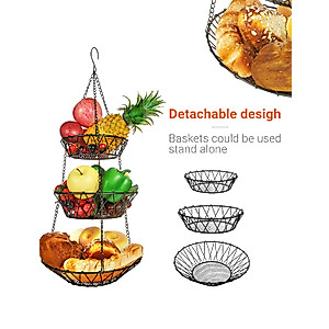 WILLIZTER 3 Tier Hanging Basket with Sturdy Metal Chain Hanging Hooks Fruit and Vegetable Basket Heavy Duty Wire Organizer Space Saving Rustic Country Style Kitchen Storage