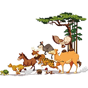 MEFOSS Removable Cartoon Jungle Animal Big Tree Wall Decals Creative Tiger Horse Leopard Turtle Wall Stickers Peel and Stick Wall Decals for Kids Bedroom Playroom Nursery Wall Decor (A)