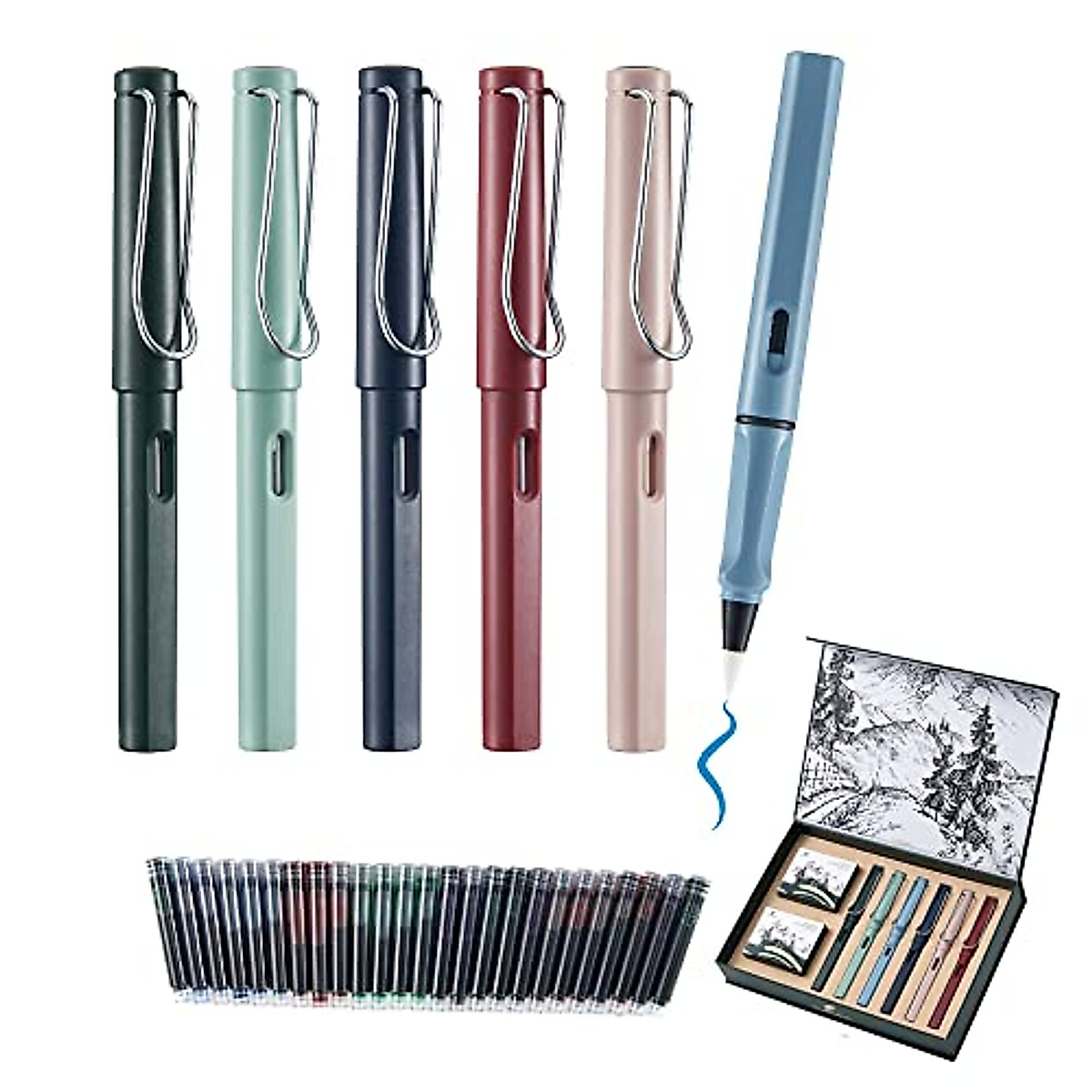 Maikedepot Calligraphy Brush Pens, 6pcs Calligraphy Pen Set Fountain Hand Lettering Pens Fibre Tip with Ink Refill Converter and 48 Ink Cartridges for Beginner and Professional Artists