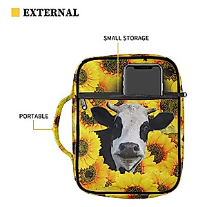 Drydeepin Cute Cow Cattle Yellow Sunflower Print Bible Case for Women Bible Journaling Supplies Bible Carrying Bag with Zipper Bible Book Covers Large Briefcase Bag for Work