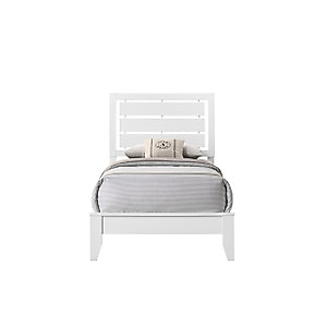 GOWE 1pc Twin Size White Finish Panel Bed Geometric Design Frame Softly Curved Headboard Wooden Youth Bedroom Furniture