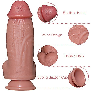 Realistic Dildo Double Layer 2.5 Inch Diameter Silicone Material No Any Smell Huge Penis Big Dick Cock Dong Strong Suction Cup 2 Balls G-spot Adult Sex Toys (8.3 Inch)