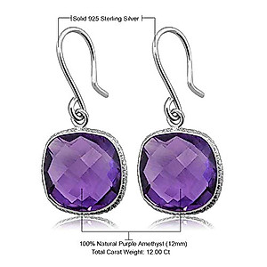 Gem Stone King 925 Sterling Silver Purple Amethyst Dangle Earrings For Women (12.00 Cttw, Gemstone Birthstone, Cushion Checkerboard Cut 12MM)