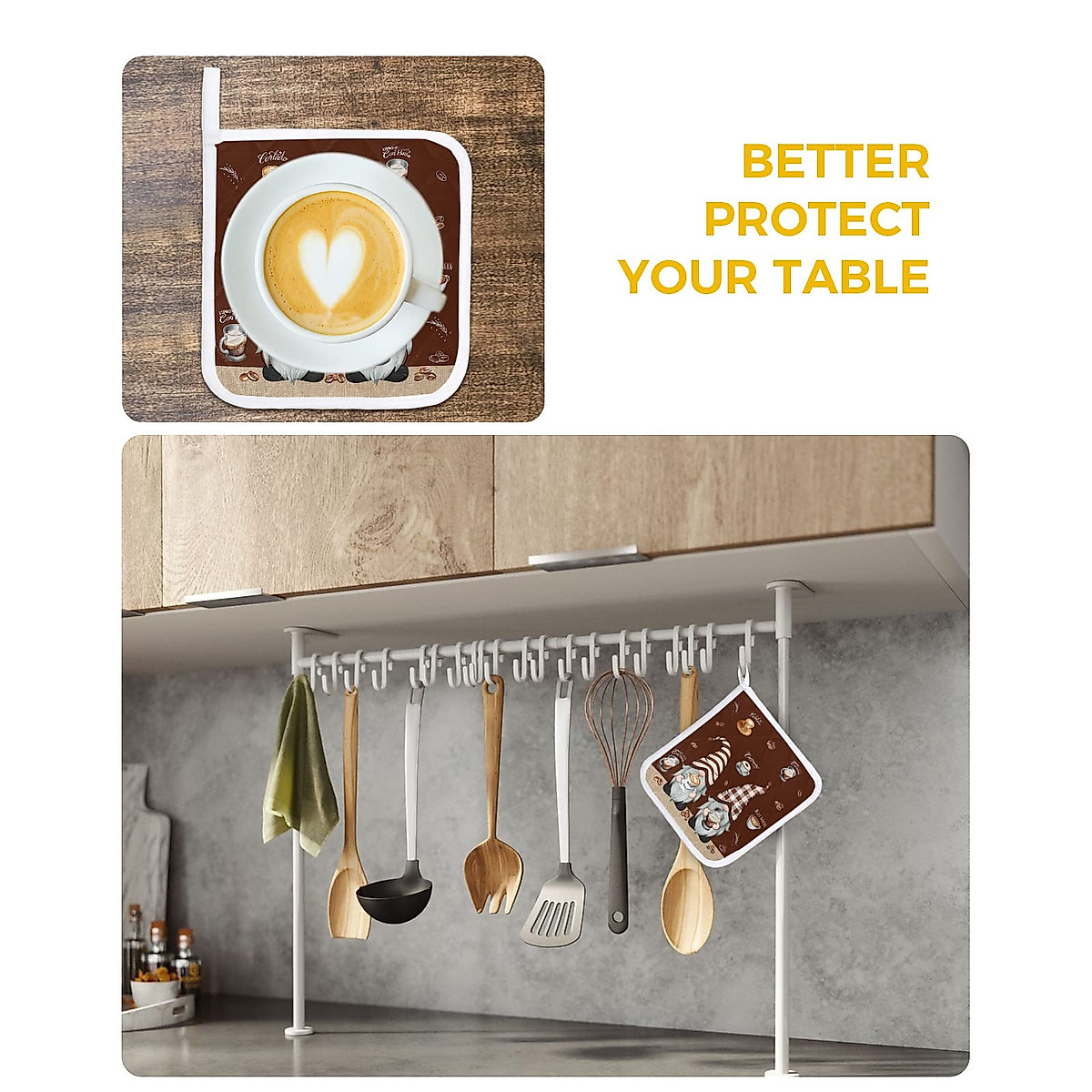 Pot Holders for Kitchen Cute Coffee Gnome with Cup and Beans Brown Set of 5 Potholders Heat Proof Non-Slip Oven Pot Holder Insulation Terry Cloth Hot Pad with Loop Retro Cotton Txeture