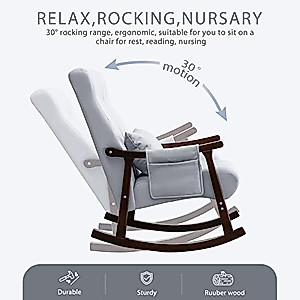 Prahalum Nursery Rocking Chairs Glider, Rocker Chair with High Back Tufted Design, Comfy Nursing Armchair for Mom, Side Pocket, Lumbar Pillow, Leathaire, Light Gray