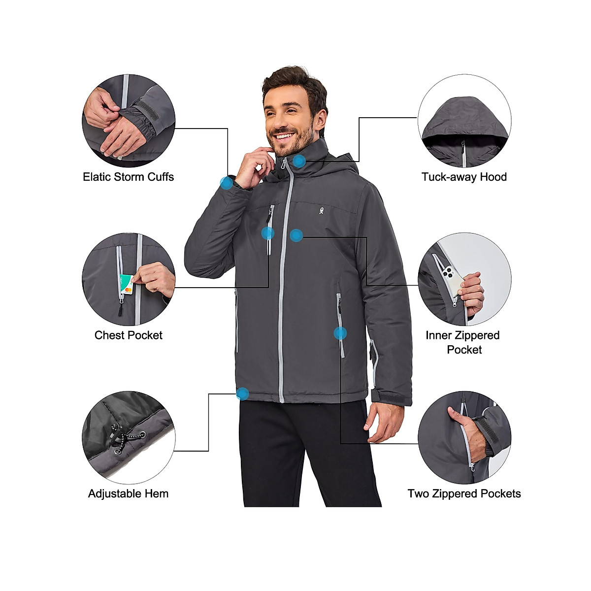 Little Donkey Andy Men's Lightweight Winter Jacket Hooded Windproof Warm Insulated Jacket for Ski Hiking (Grey XL)