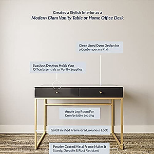 BELLEZE Modern 42 Inch Makeup Vanity Dressing Table or Home Office Computer Laptop Writing Desk with Two Storage Drawers, Wood Top, and Gold Metal Frame - Bronte (Black)