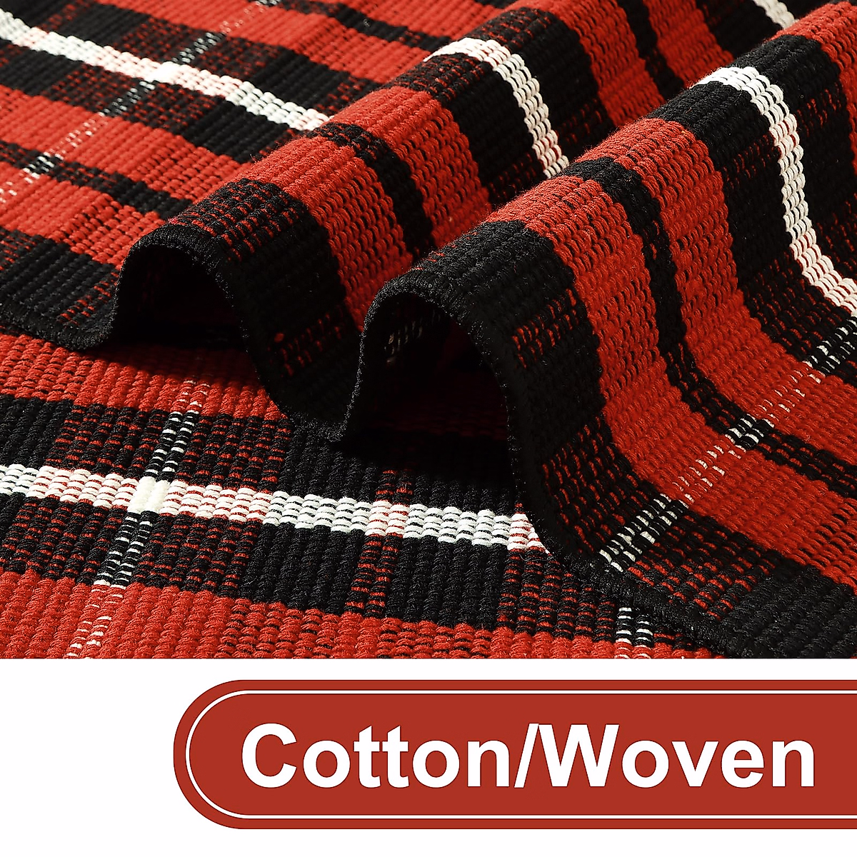 KIMODE Christmas Door Mat Outdoor 35"x59",Red and Black Buffalo Plaid Rug,Washable Cotton Hand-Woven Layered Door Mats,Reversible Outdoor Christmas Decor for Front Porch,Entryway,Kitchen