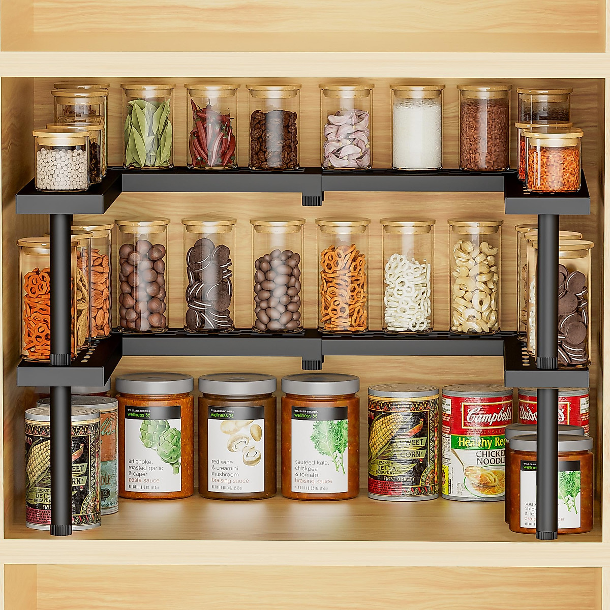 Gaussra Spice Rack Organizer for Cabinet, 2 Tiers Expandable & Stackable Metal Seasoning Organizer, Premium Spice Organization for Cabinet In Home Organization
