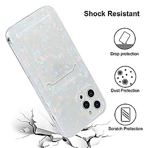 ZIYE Designed for iPhone 12 Pro Max Case with Card Holder for Women Girls Glitter Bling Shell Pattern TPU Silicone Protective Cell Phone Wallet Bumper with Screen Protector Ring Holder