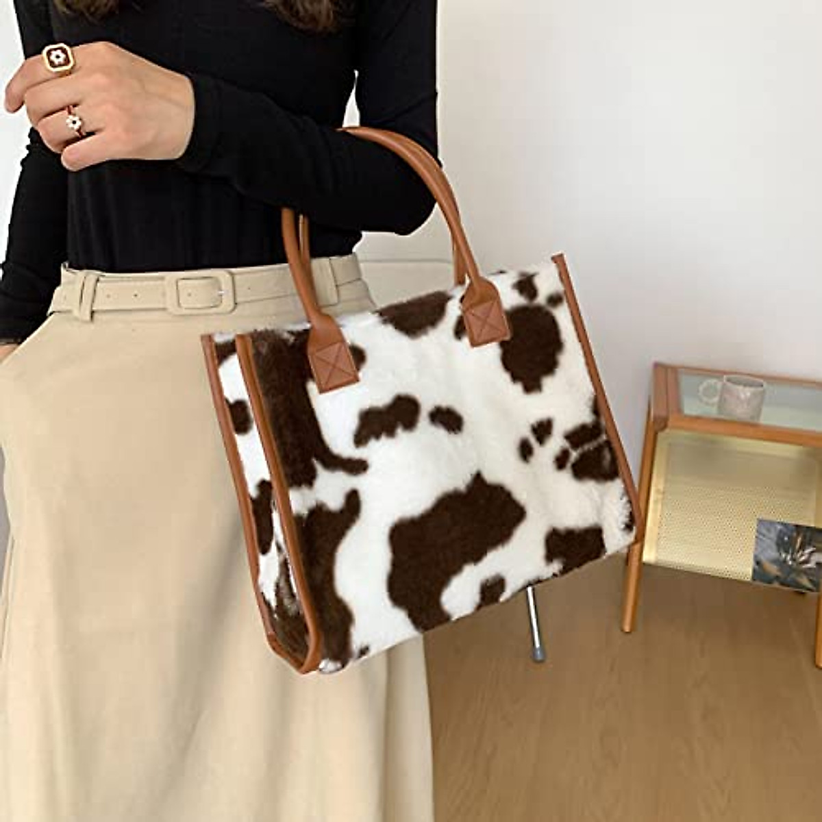 Fashion Women PU Leather Plush Animal Pattern Print Handbag Autumn Winter Casual Large Capacity Tote Bags