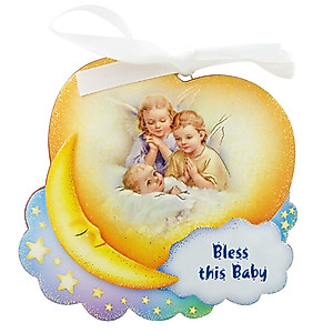 Needzo Bless This Baby with Guardian Angels Hanging Wooden Crib Medal with Prayer Card, 3 3/4 Inch