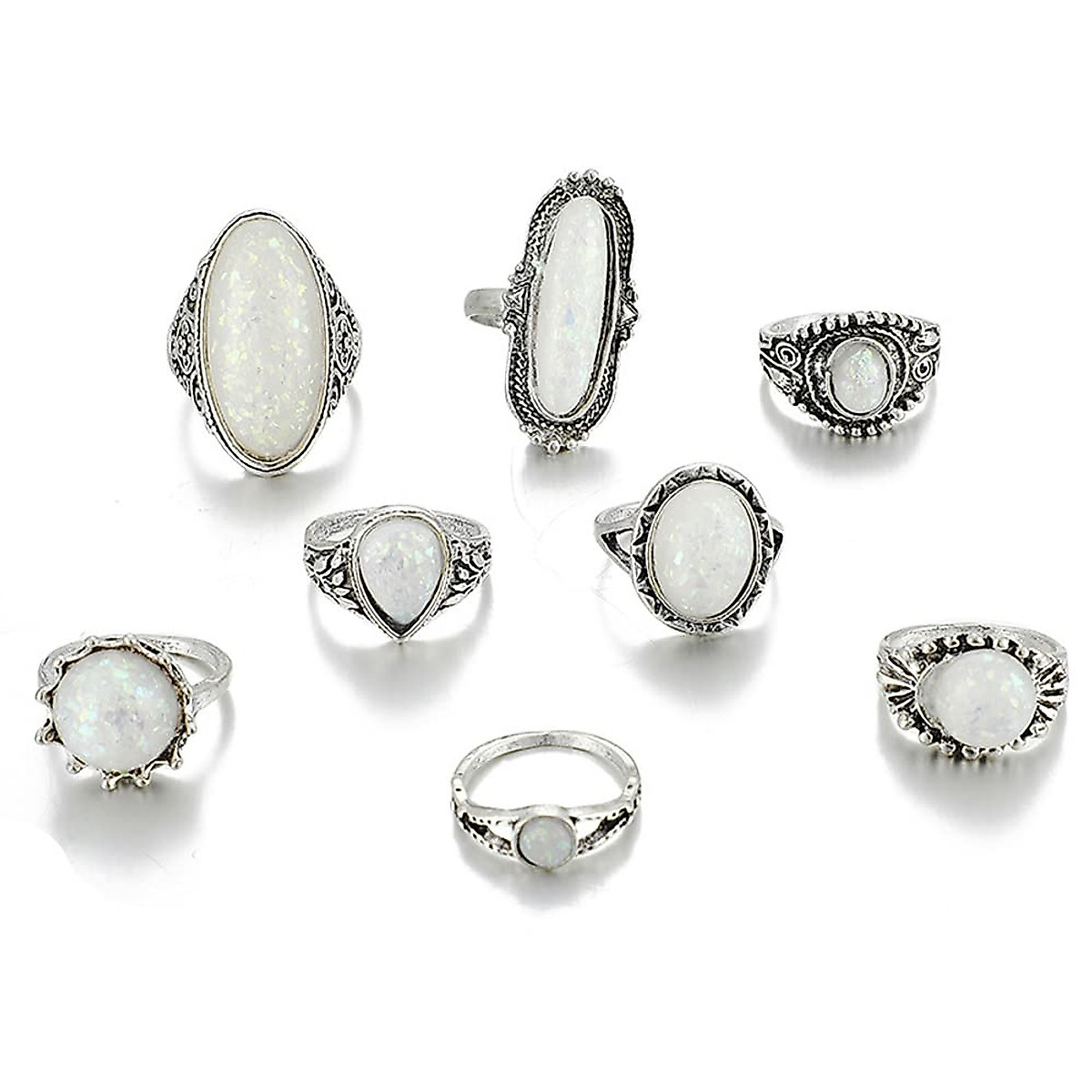 Octwine 8Pcs Silver Bohemian Statement Knuckle Rings Oval White Geometry Crystal Rhinestones Rings Stackable Rings Stacking Ring Jewelry for Women