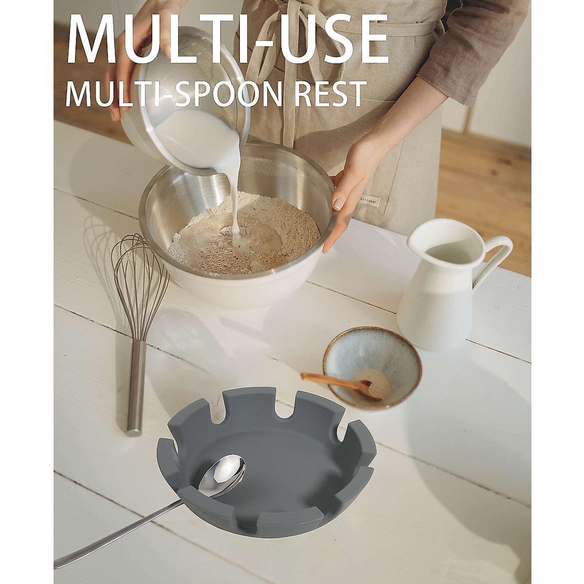 Large Silicone Multi-Spoon Rest, Baking Tool Holder, Utensil Holder for Spatulas, Tongs, Ladles Placing for Stove Top, Kitchen Counter- Multifunction Kitchen Gadgets (Grey)