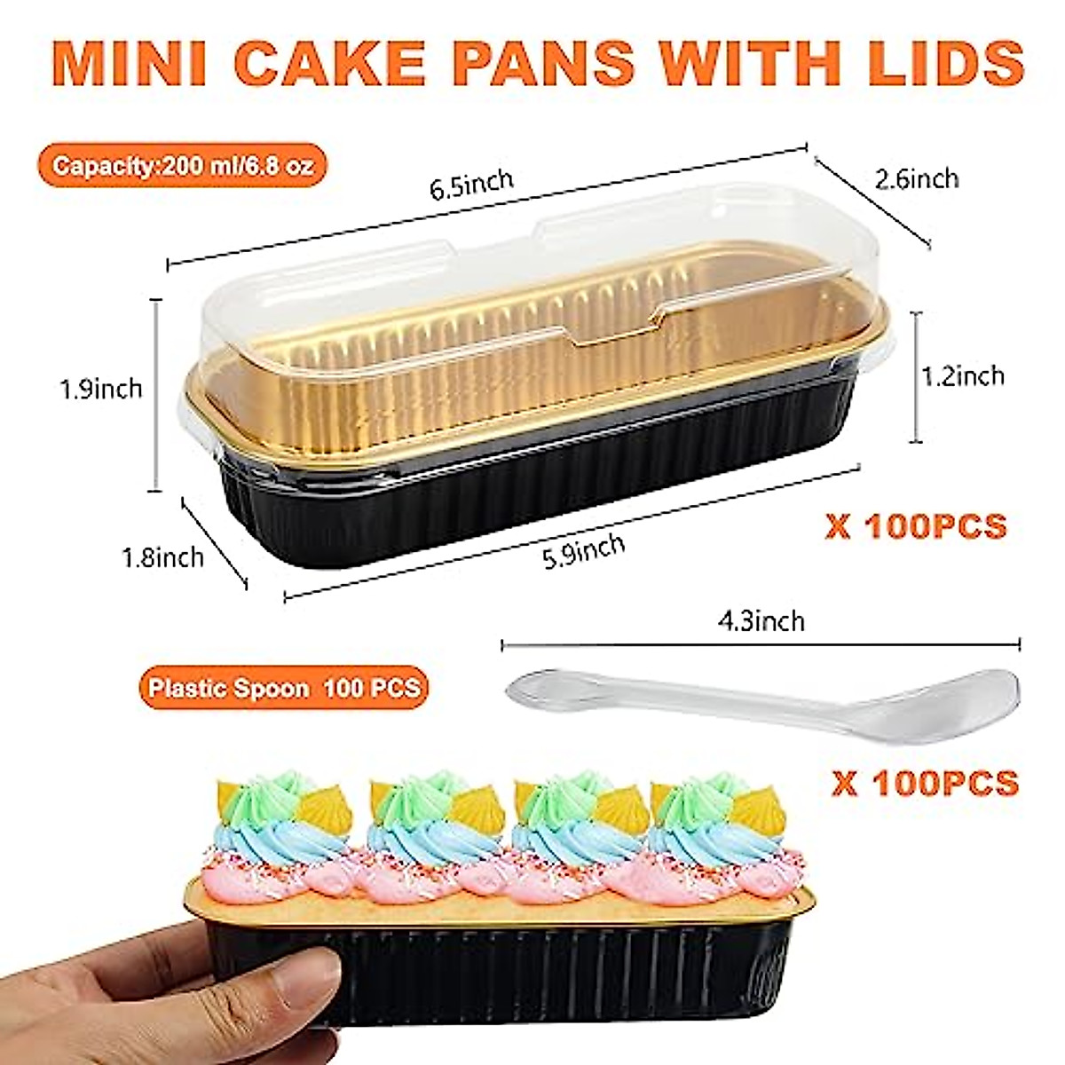 SGAOFIEE 100 Pack Mini Cake Pans With Lids, 6.8 Oz Mini Loaf Pans with Lids, Aluminum Foil Mini Cake Pans, Rectangle Baking Cups Muffin Tins, Disposable Bread Pan(100 Pack, 6.8oz)