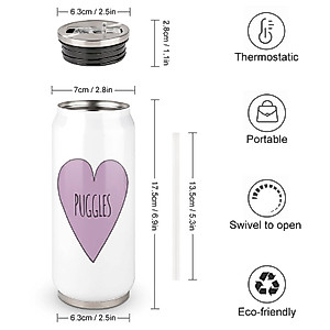 Puggle Love Insulated Tumbler Stainless Steel Travel Mug Coffee Cup with Lid And Straw 500ml