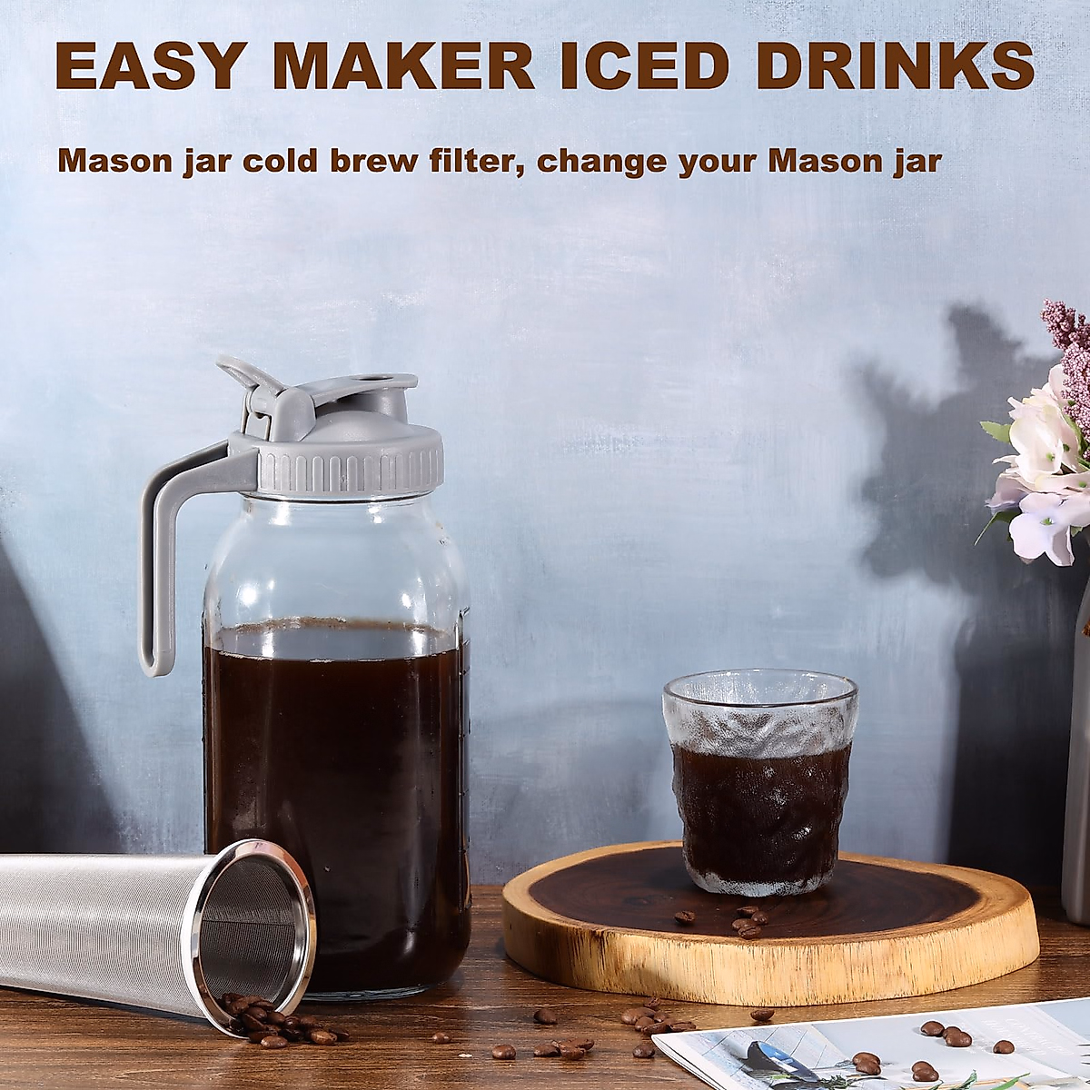 Cold Brew Coffee Filter for 32 OZ Wide Mouth Mason Jar, 304 Stainless Steel Strainer with Seal Ring for Iced Drinks, Sun Tea Infuser and Cold Brew Coffee Maker