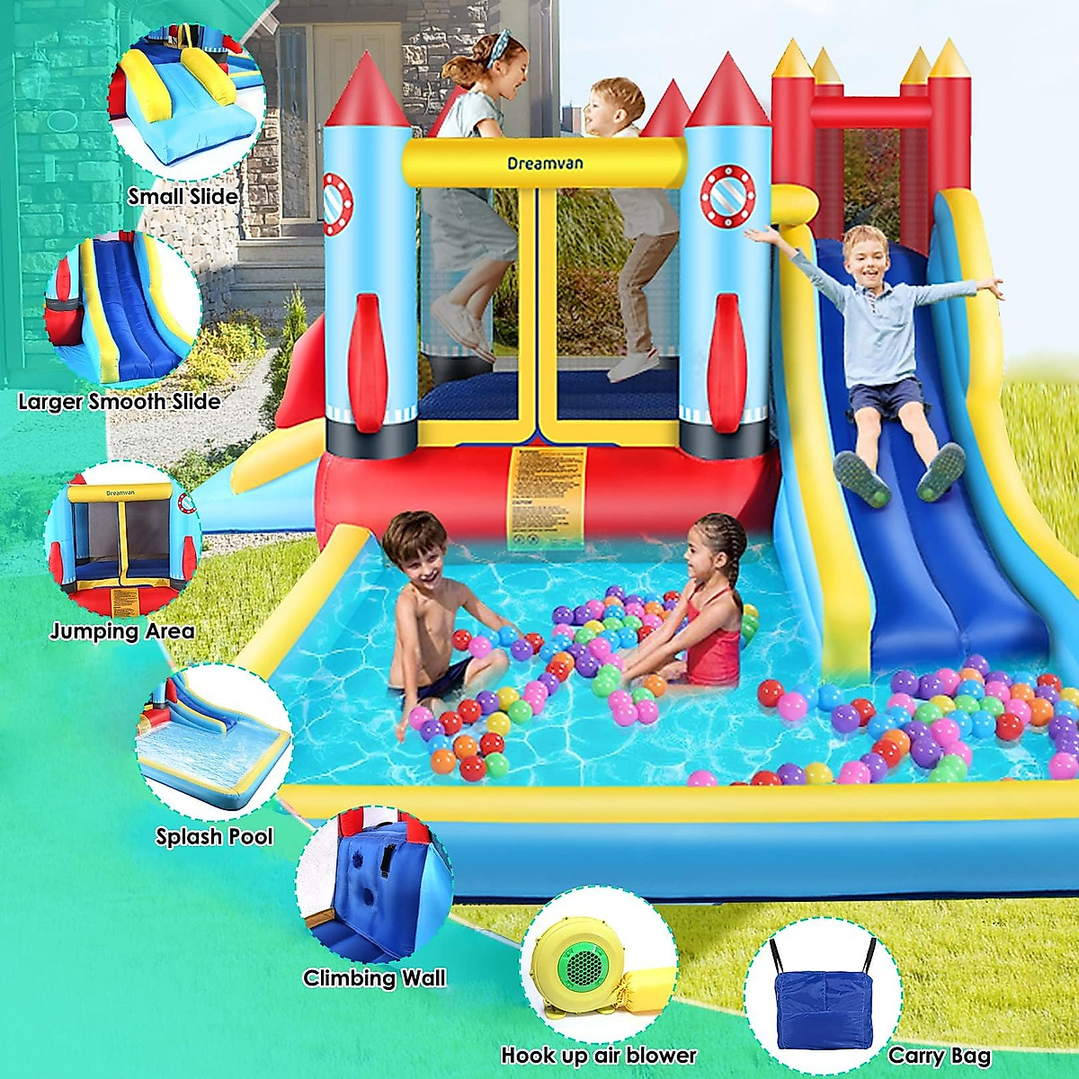 AKEYDIY Bounce House Rocket Blast Bouncy Castle - 13X12ft Inflatable Water Slide Bounce House for Kids 3-12 & Slide Park,Pool,Climbing Wall,Bouncer Area,Gift Bounce House for Kids Indoor/Backyard
