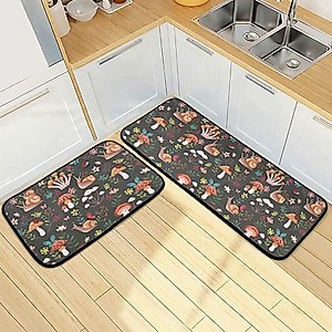 Mushroom with Snails Kitchen Mat Set of 2 Anti Fatigue Mat, Non Slip Cushioned Mat Runner Rug Doormat for Kitchen, Sink, Laundry, Bathroom, Home Decor