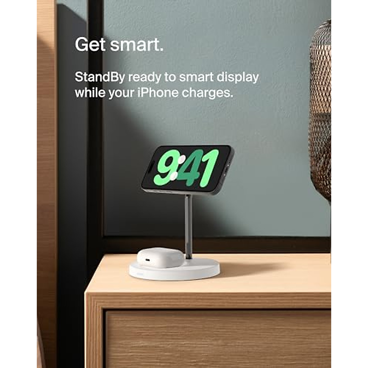 Belkin MagSafe 2-in-1 Wireless Charging Stand for Apple iPhone 15, iPhone 14, iPhone 13, & iPhone 12 Series & AirPods - MagSafe Fast Charging Station for Multiple Devices - White