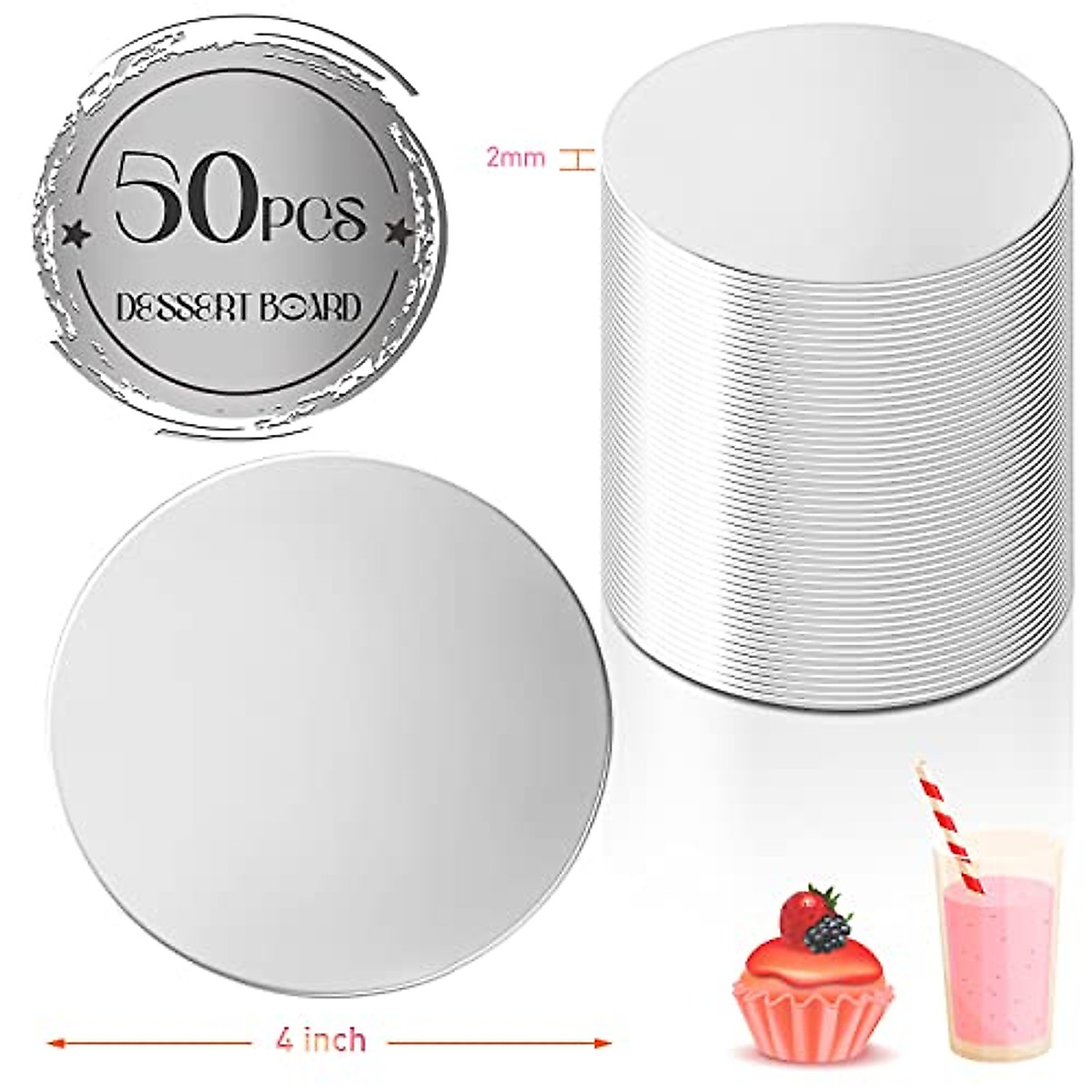 Cake Boards Round 4 Inch Mini Cake Circle Base Boards Disposable Cardboard Cake Plate Round Coated Cakeboard for Kitchen Baking Caking Pizza Dessert Cupcake Tray (Silver,50 Pieces)