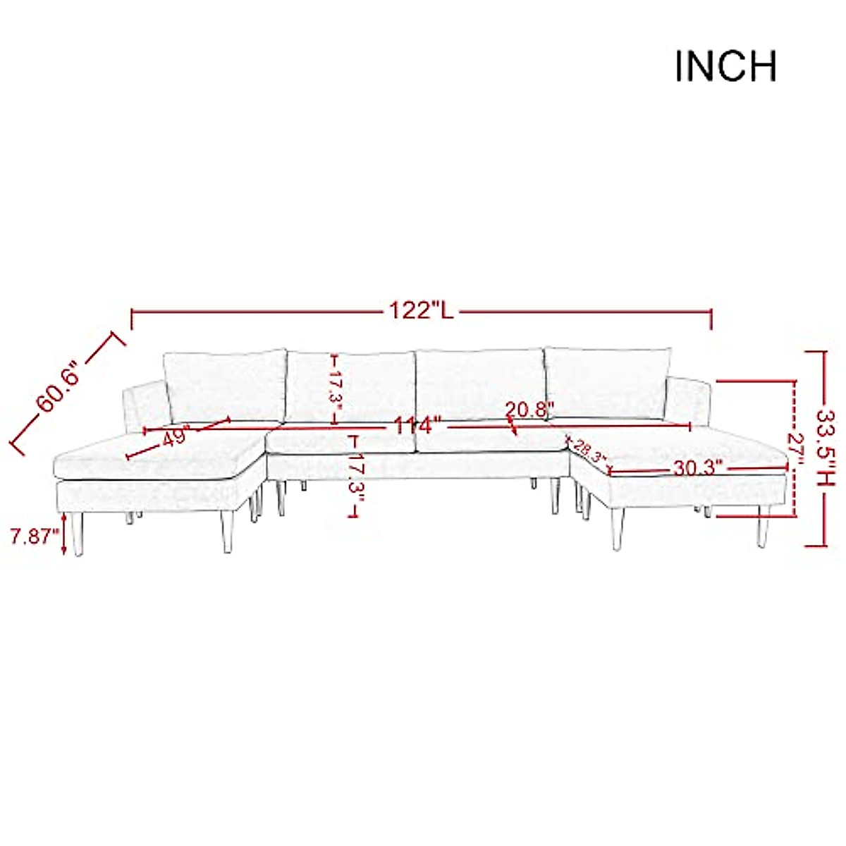 JULYFOX U Sectional Couch Sofa Blue, 122 inch Wide L Shaped Corner Sectional Couch with Chaise and Ottoman Mid Century Modern for Living Room